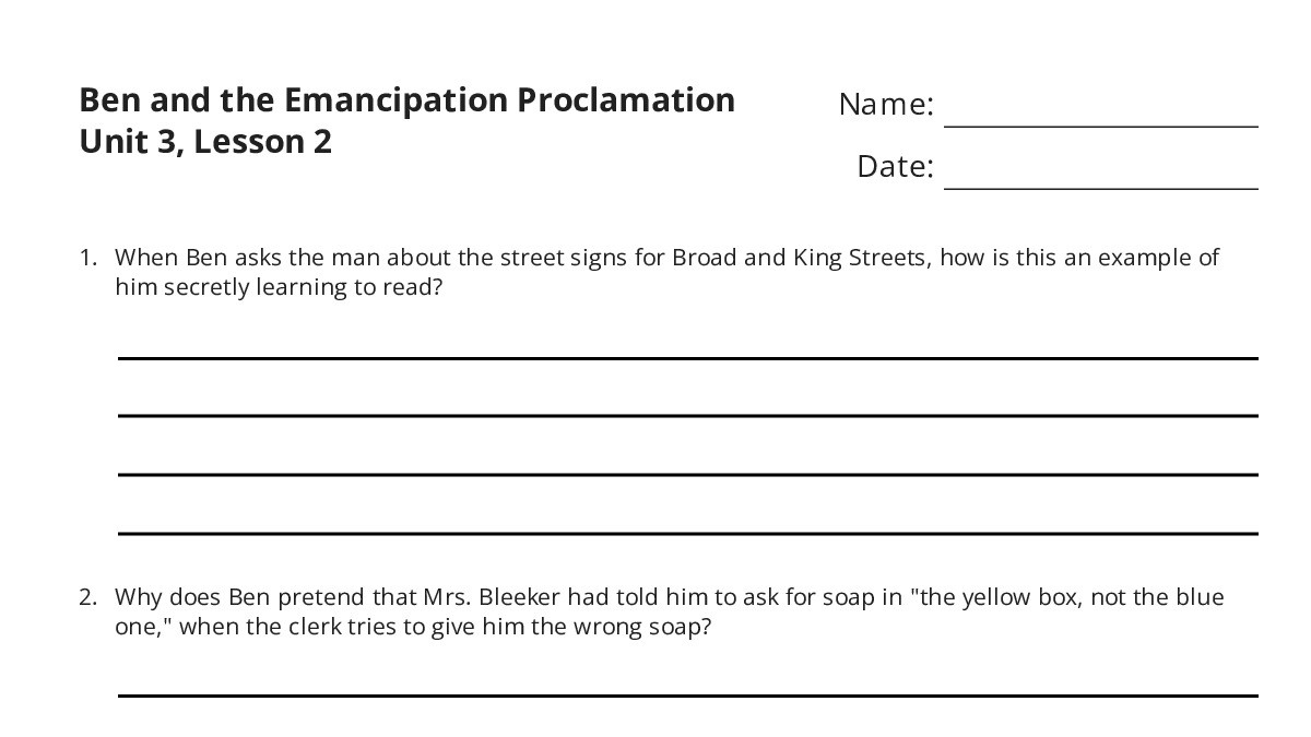 Ben and the Emancipation Proclamation Unit 3, Lesson 2 - My Worksheet ...