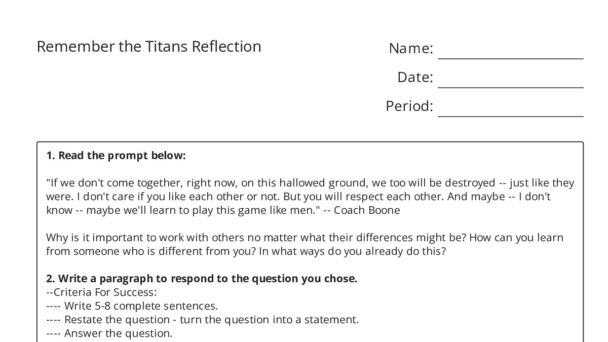 Remember the Titans Reflection - My Worksheet Maker: Create Your Own ...
