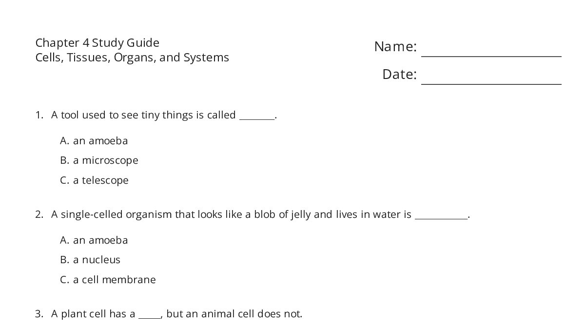Chapter 4 Study Guide Cells, Tissues, Organs, and Systems - My ...