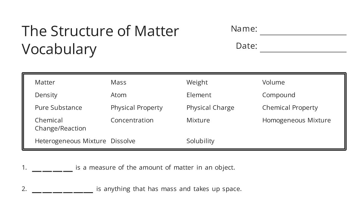 The Structure of Matter Vocabulary - My Worksheet Maker: Create Your ...