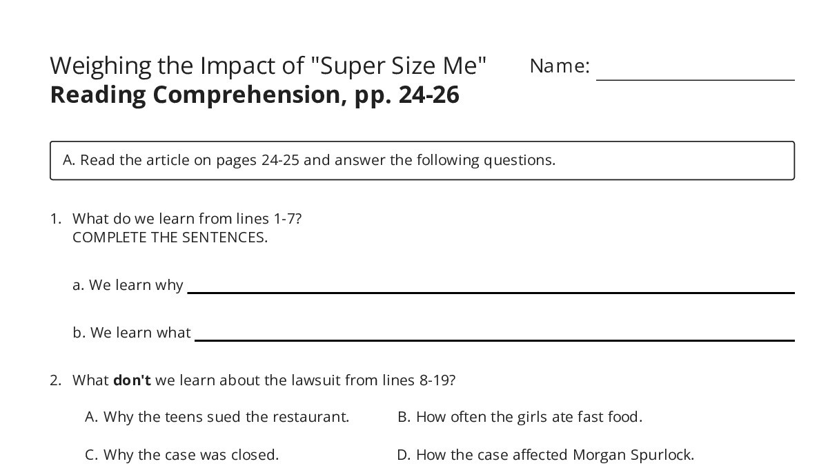 Weighing the Impact of "Super Size Me" Reading Comprehension, pp. 24-26 ...
