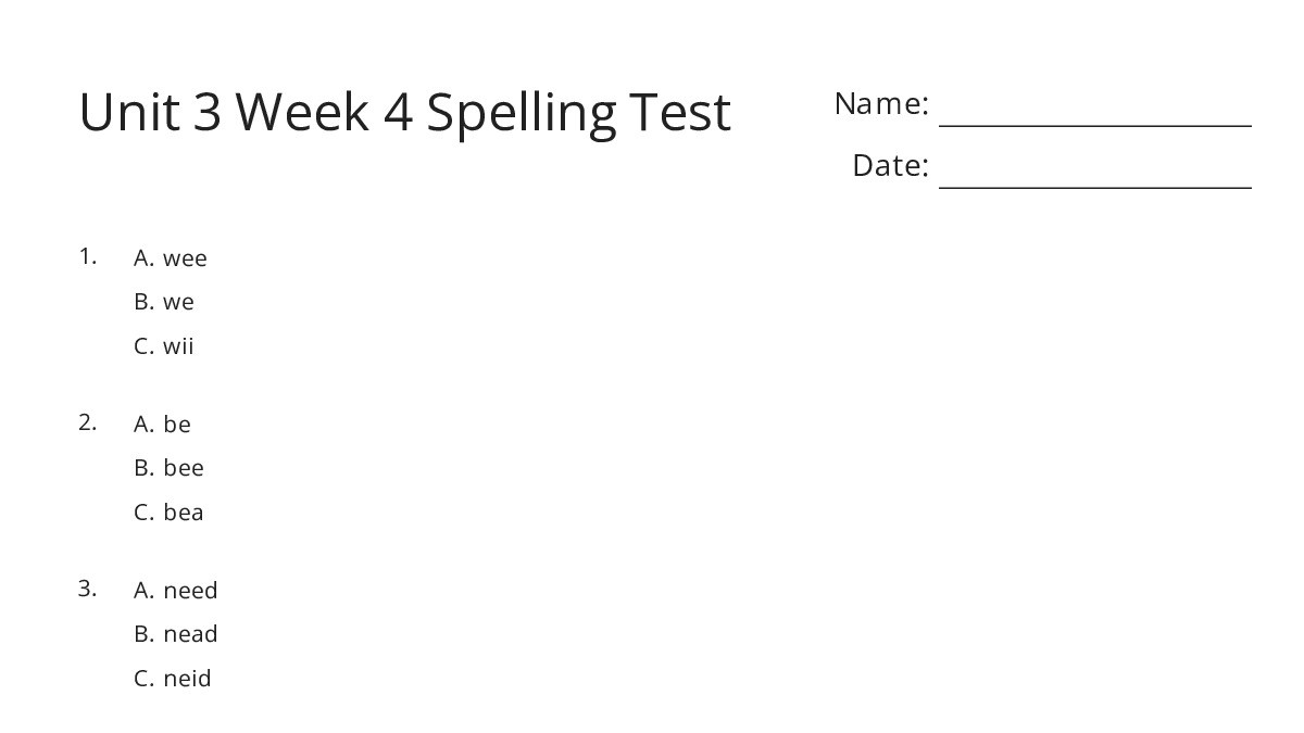 Unit 3 Week 4 Spelling Test - My Worksheet Maker: Create Your Own ...