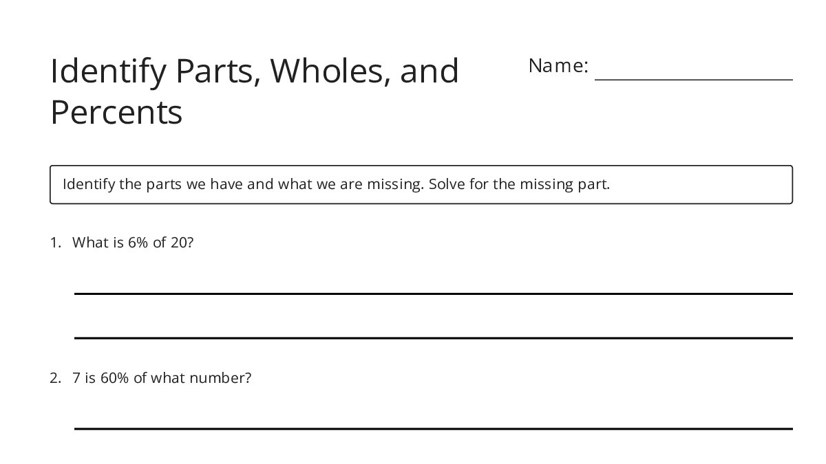 Identify Parts, Wholes, and Percents - My Worksheet Maker: Create Your ...