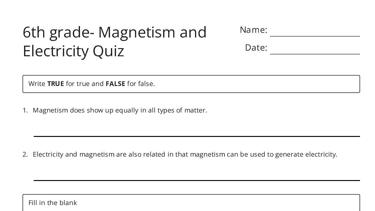 6th grade- Magnetism and Electricity Quiz - My Worksheet Maker: Create ...