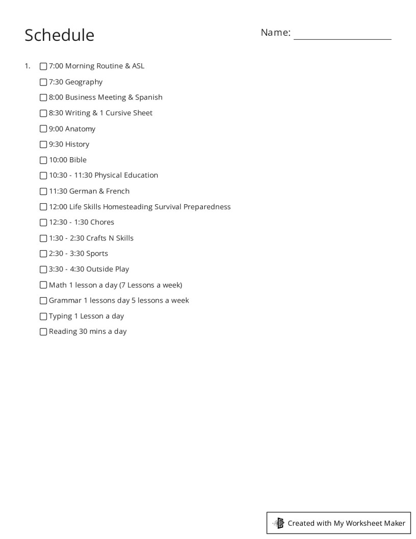 Schedule - My Worksheet Maker: Create Your Own Worksheets