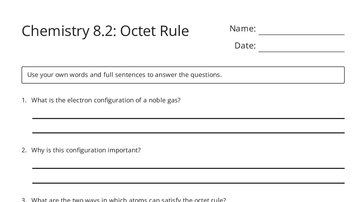 Chemistry 8.2: Octet Rule - My Worksheet Maker: Create Your Own Worksheets