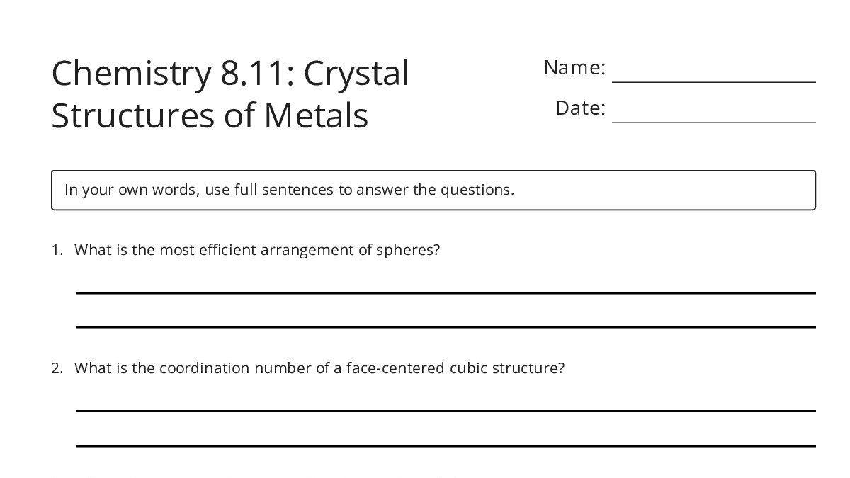 Chemistry 8.11: Crystal Structures of Metals - My Worksheet Maker ...