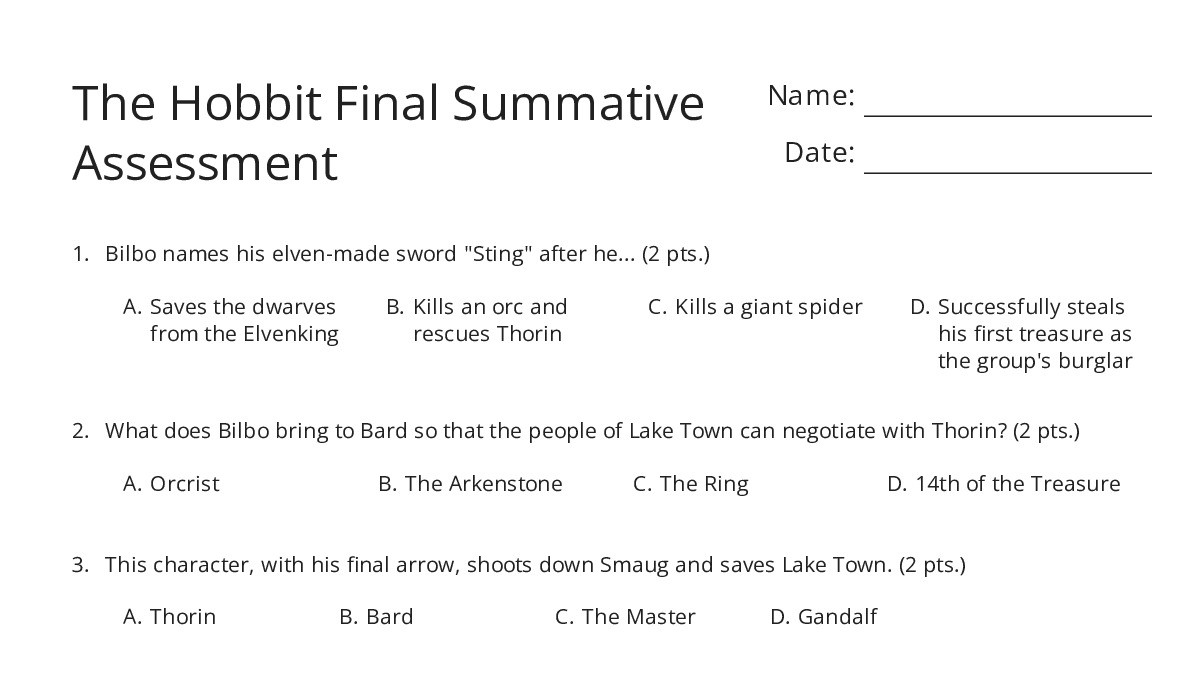 The Hobbit Final Summative Assessment - My Worksheet Maker: Create Your ...