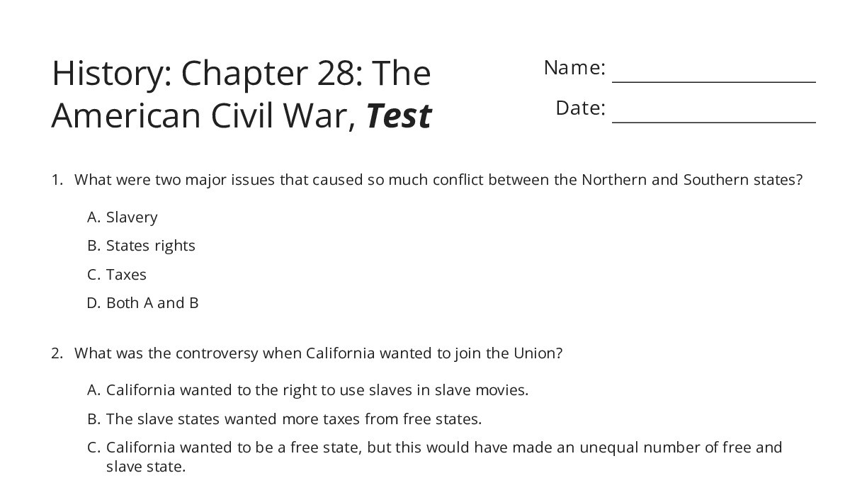 History: Chapter 28: The American Civil War, Test - My Worksheet Maker ...
