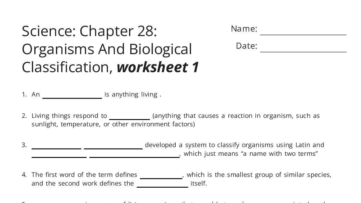 Science: Chapter 28: Organisms And Biological Classification, worksheet ...