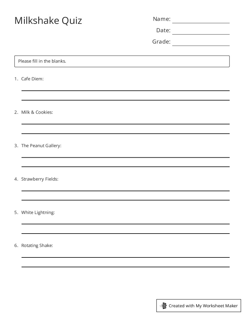 Milkshake Quiz - My Worksheet Maker: Create Your Own Worksheets