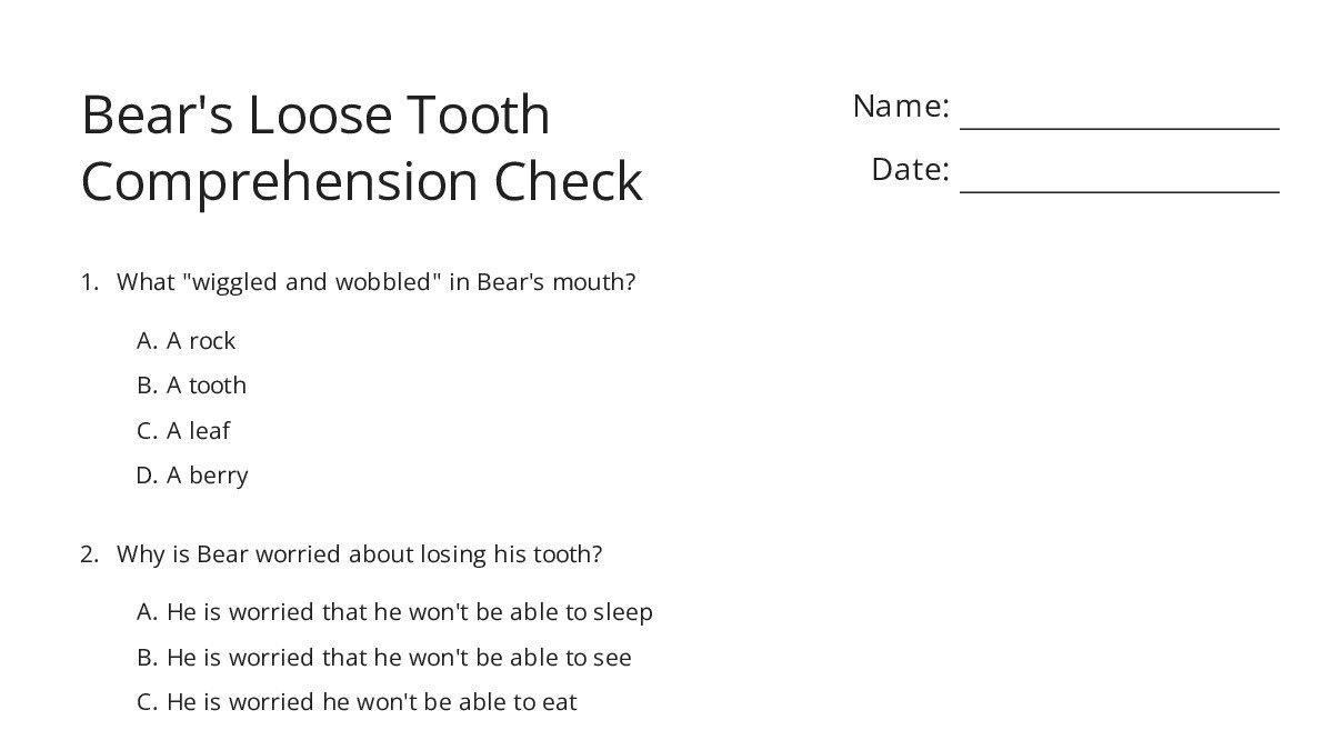 Bear's Loose Tooth Comprehension Check - My Worksheet Maker: Create ...
