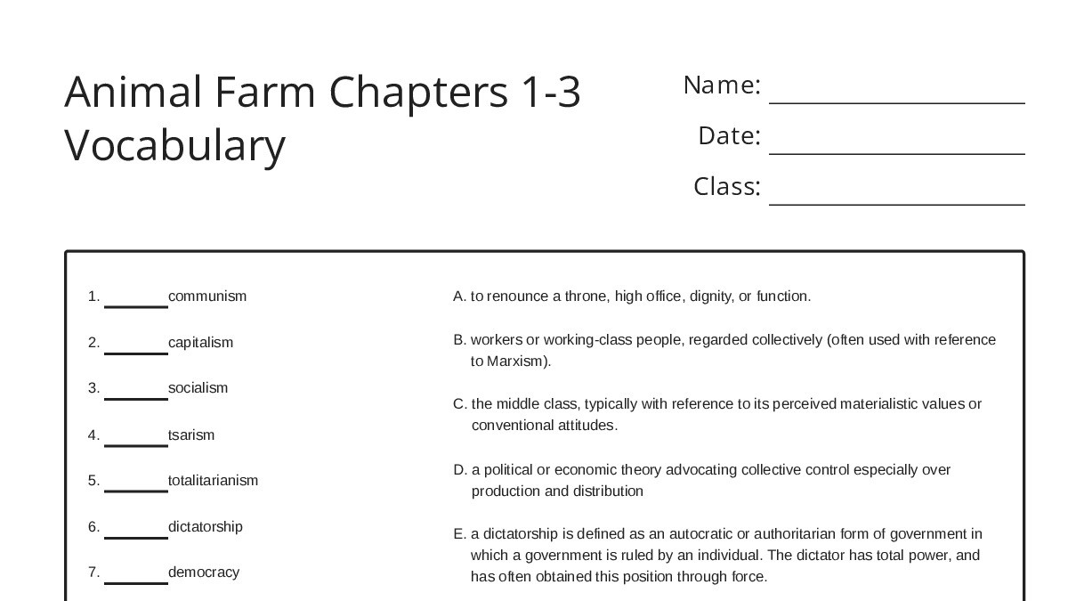 Animal Farm Chapters 1-3 Vocabulary - My Worksheet Maker: Create Your ...