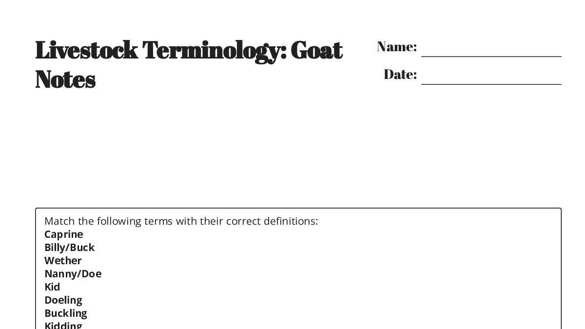 Livestock Terminology: Goat Notes - My Worksheet Maker: Create Your Own ...