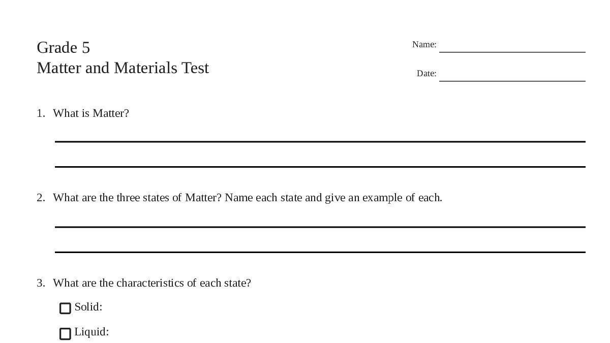 Grade 5 Matter and Materials Test - My Worksheet Maker: Create Your Own ...