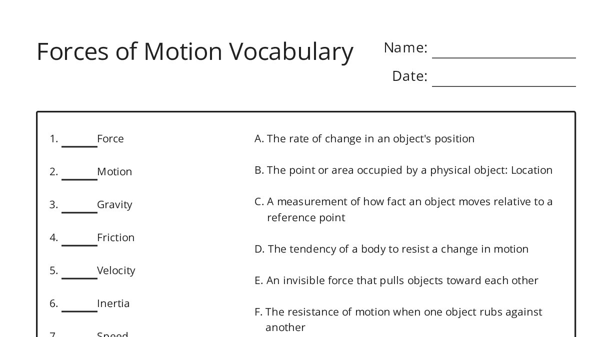 Forces of Motion Vocabulary - My Worksheet Maker: Create Your Own ...