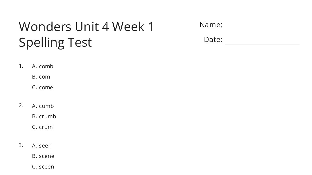 Wonders Unit 4 Week 1 Spelling Test - My Worksheet Maker: Create Your ...