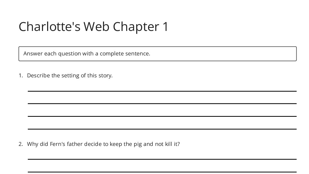Charlotte's Web Chapter 1 - My Worksheet Maker: Create Your Own Worksheets
