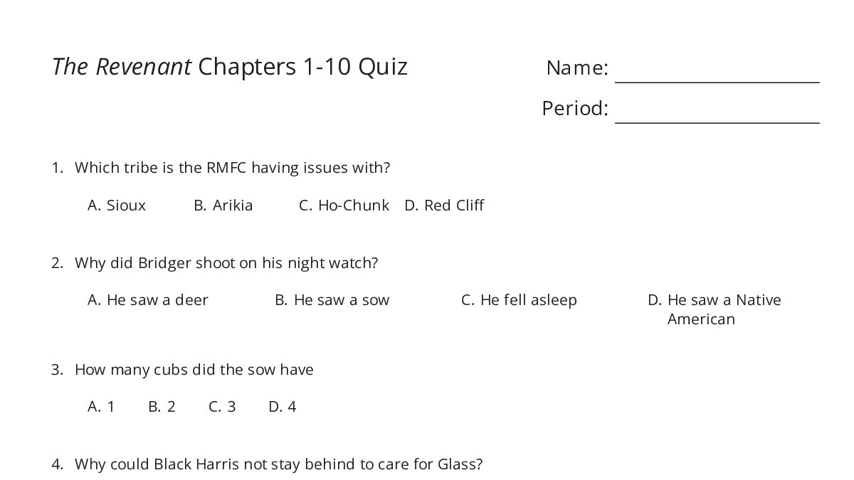 The Revenant Chapters 1-10 Quiz - My Worksheet Maker: Create Your Own ...