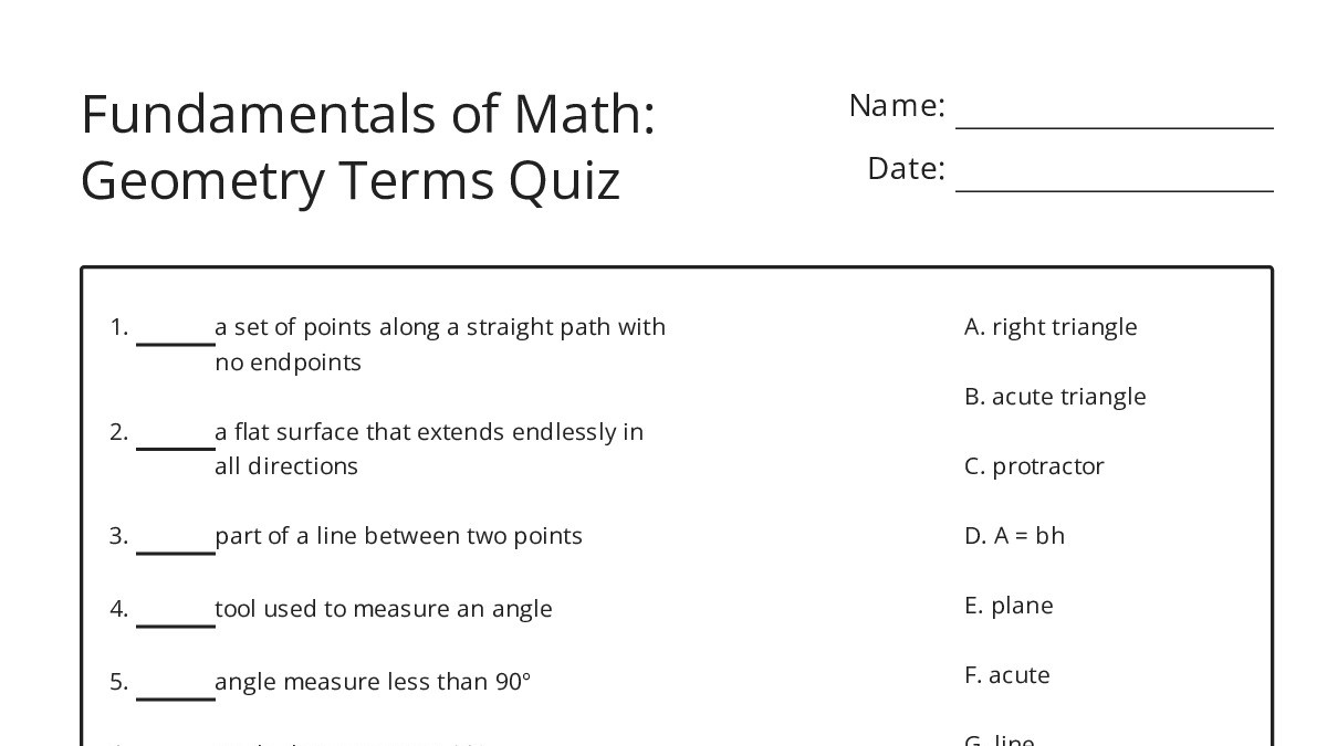 Fundamentals of Math: Geometry Terms Quiz - My Worksheet Maker: Create ...