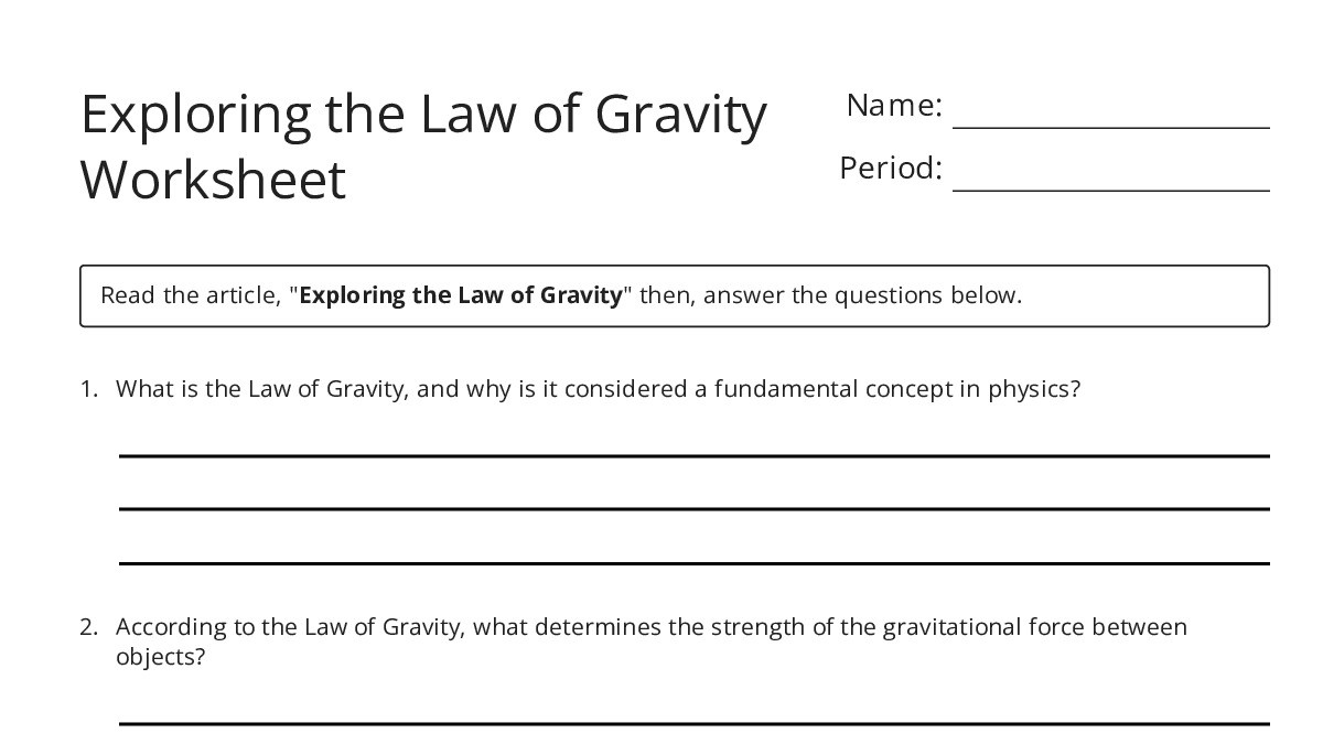 Exploring the Law of Gravity Worksheet - My Worksheet Maker: Create ...