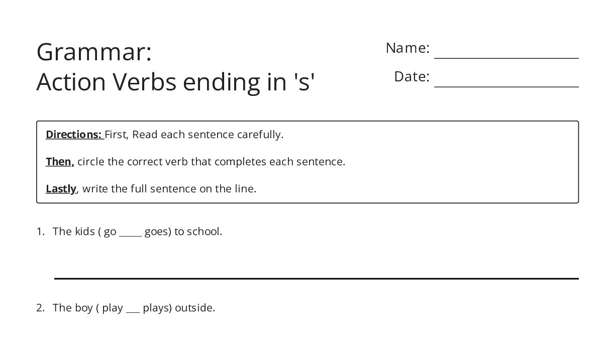 Grammar: Action Verbs ending in 's' - My Worksheet Maker: Create Your ...
