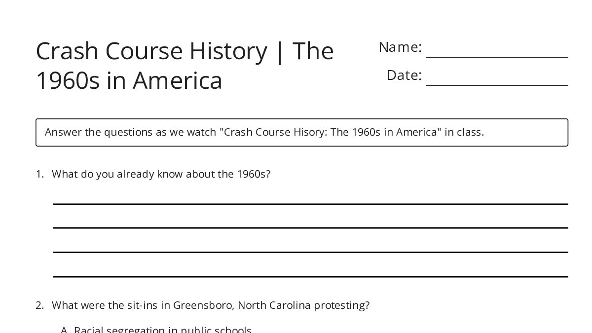Crash Course History | The 1960s in America - My Worksheet Maker ...