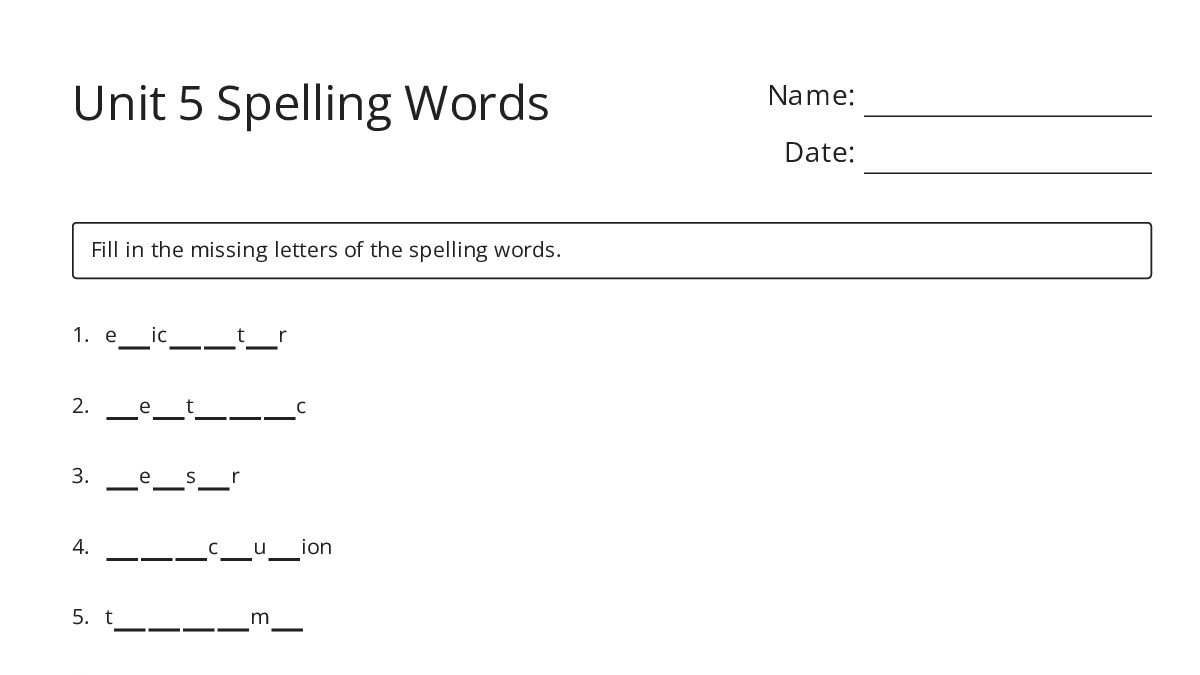 Unit 5 Spelling Words - My Worksheet Maker: Create Your Own Worksheets