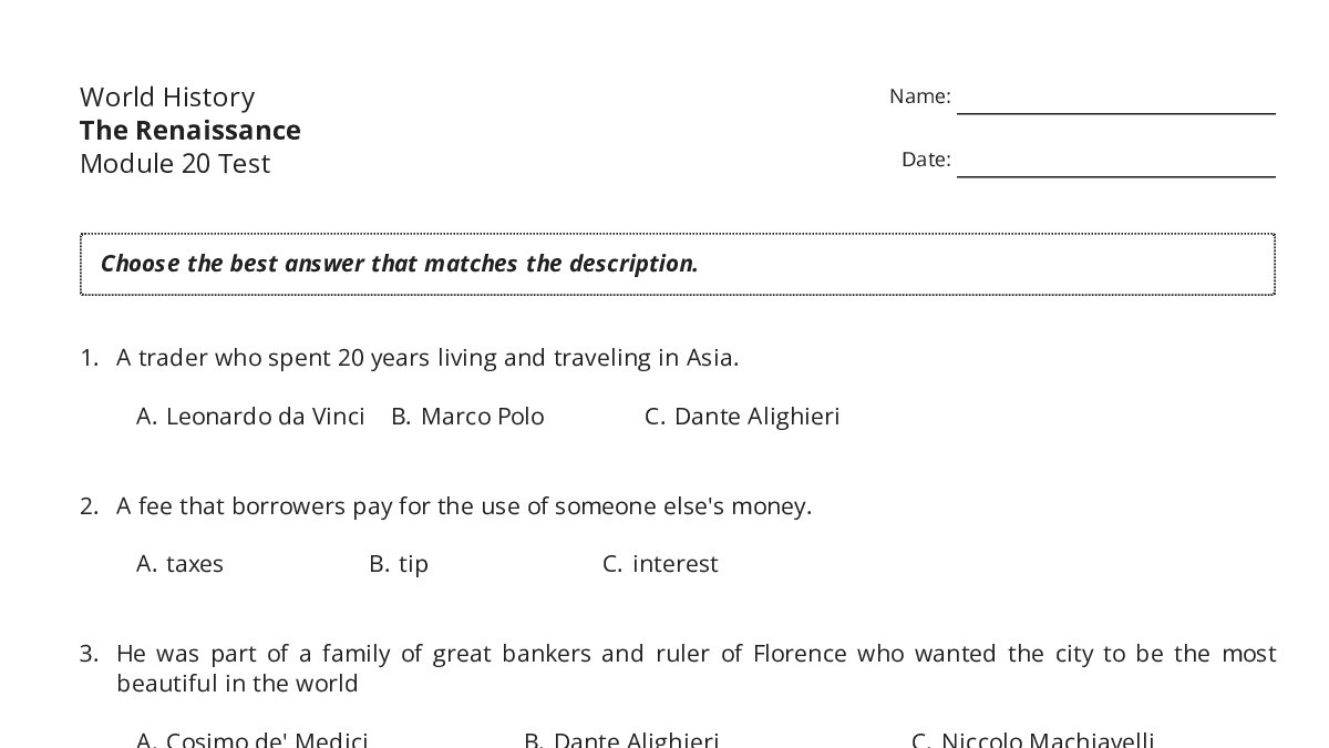 World History The Renaissance Module 20 Test - My Worksheet Maker ...
