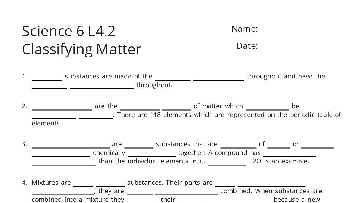 Science 6 L4.2 Classifying Matter - My Worksheet Maker: Create Your Own ...