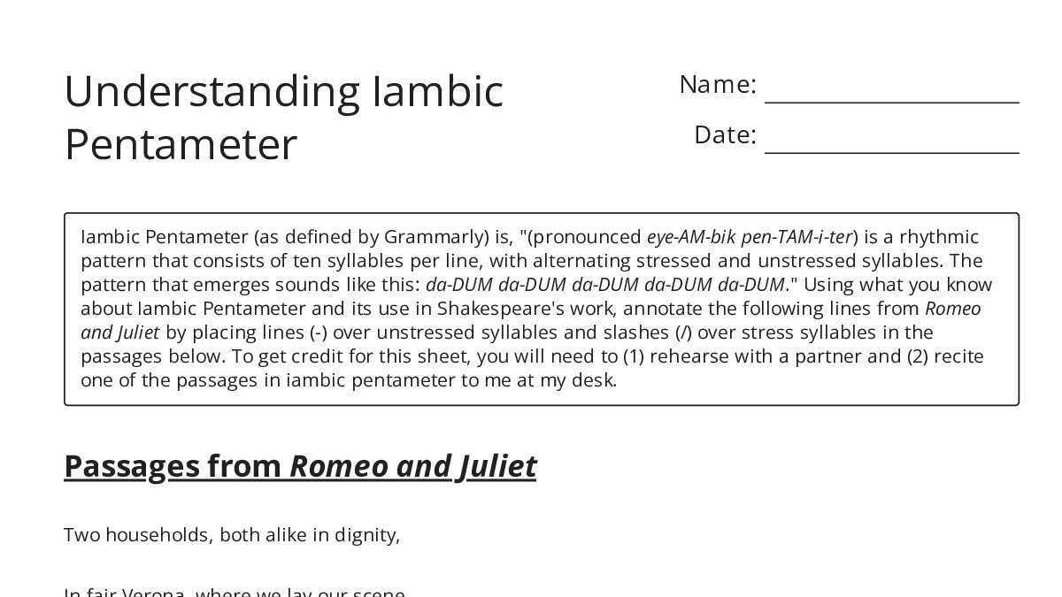 Understanding Iambic Pentameter - My Worksheet Maker: Create Your Own ...