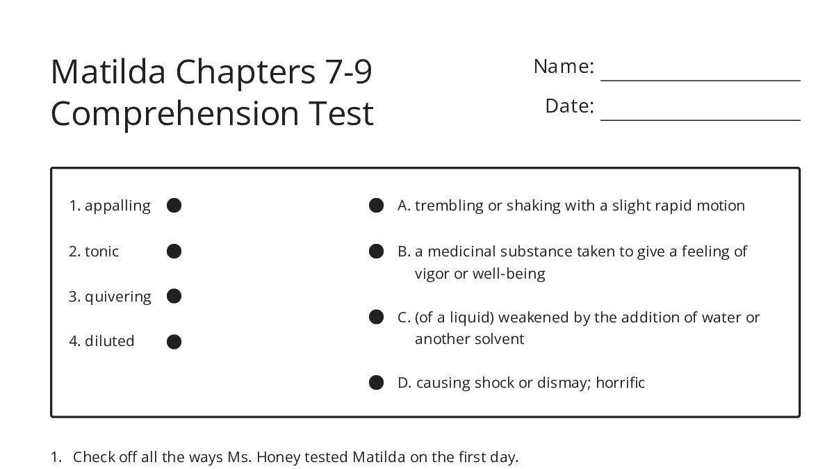 Matilda Chapters 7-9 Comprehension Test - My Worksheet Maker: Create ...