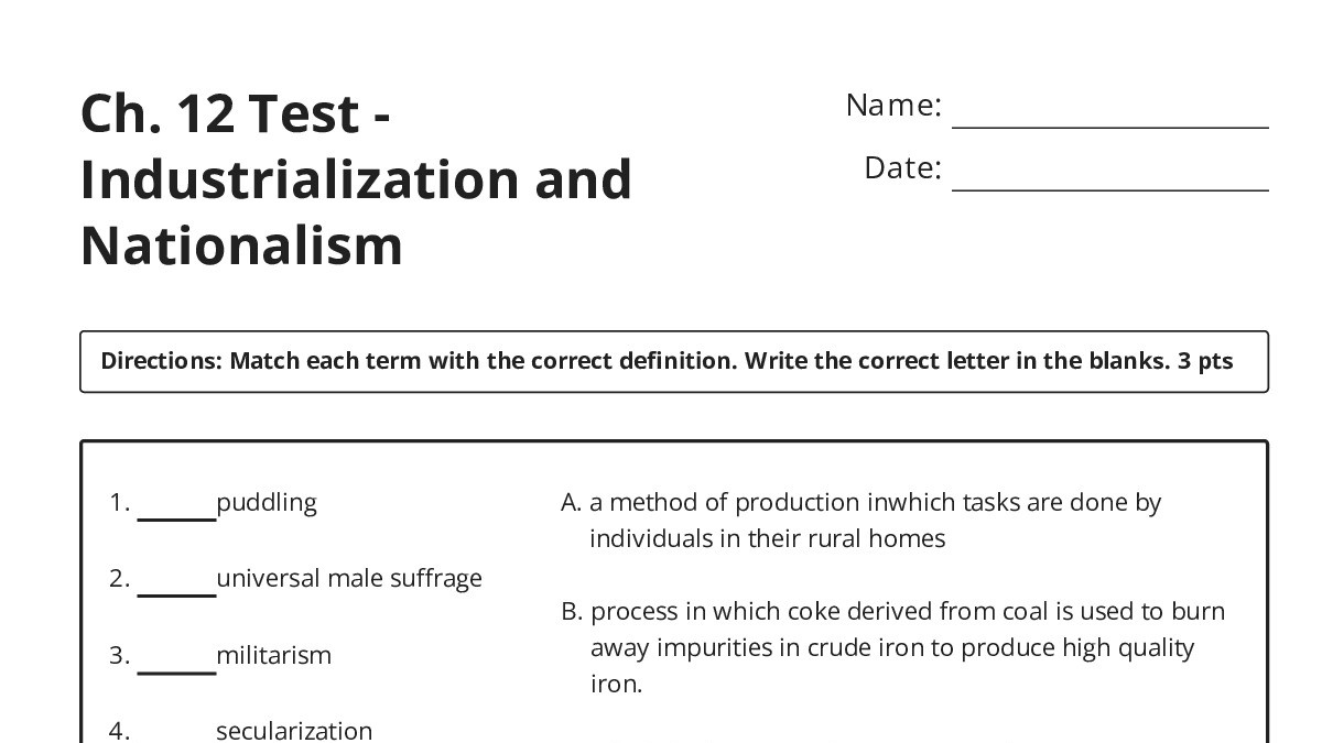 Ch. 12 Test - Industrialization and Nationalism - My Worksheet Maker ...