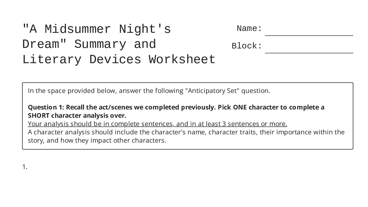 "A Midsummer Night's Dream" Summary and Literary Devices Worksheet - My ...