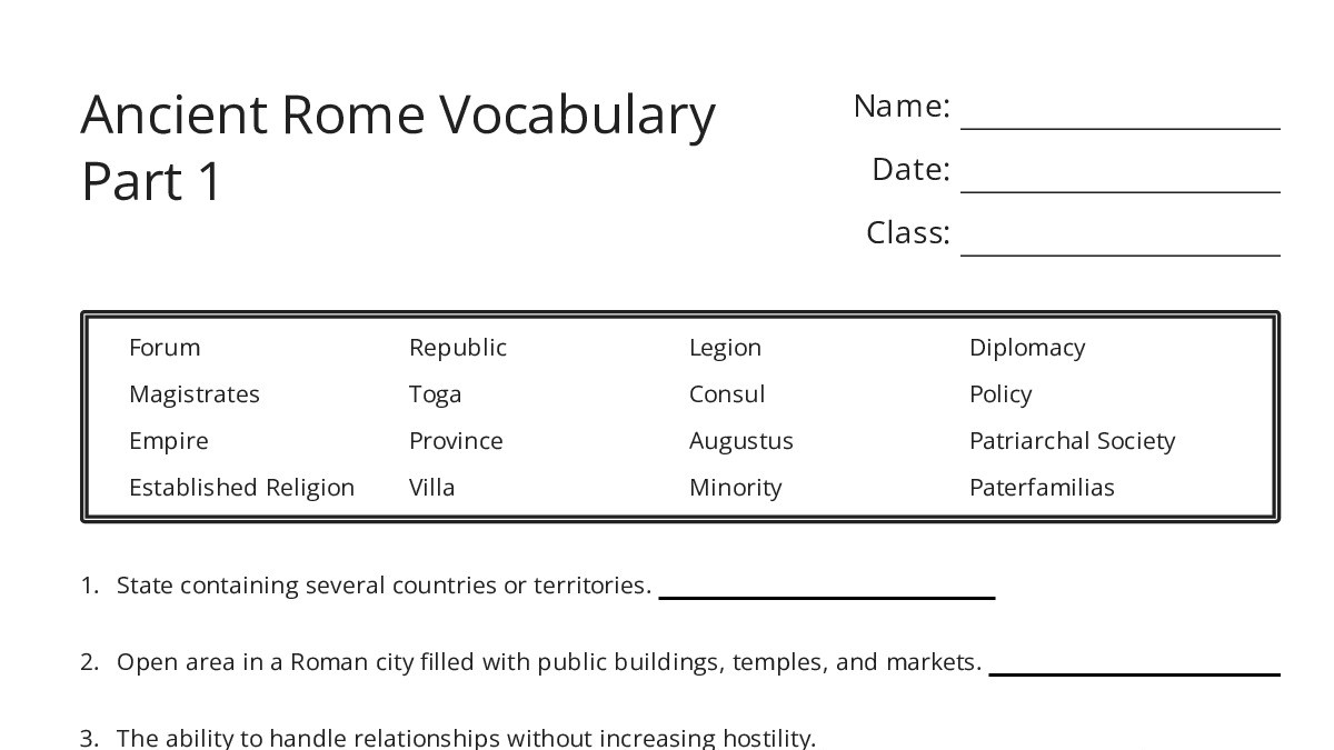 Ancient Rome Vocabulary Part 1 - My Worksheet Maker: Create Your Own ...
