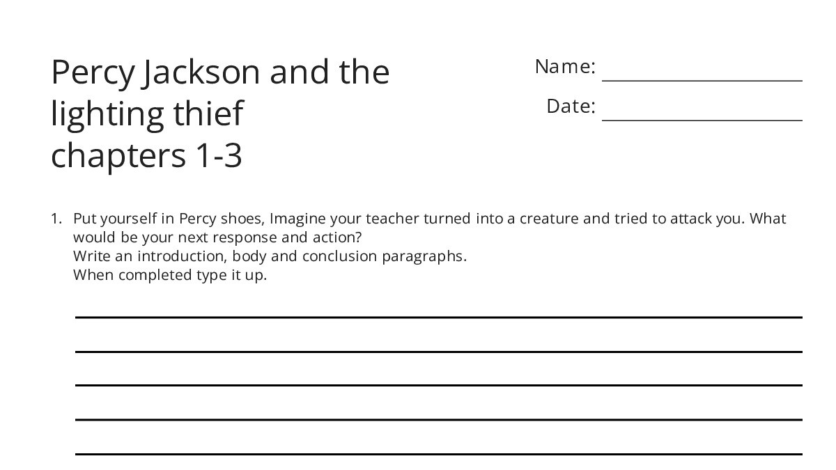 Percy Jackson and the lighting thief chapters 1-3 - My Worksheet Maker ...