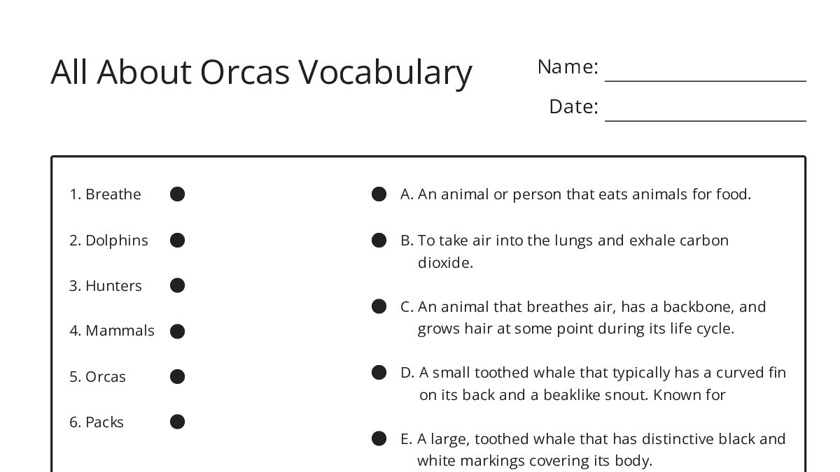 All About Orcas Vocabulary - My Worksheet Maker: Create Your Own Worksheets