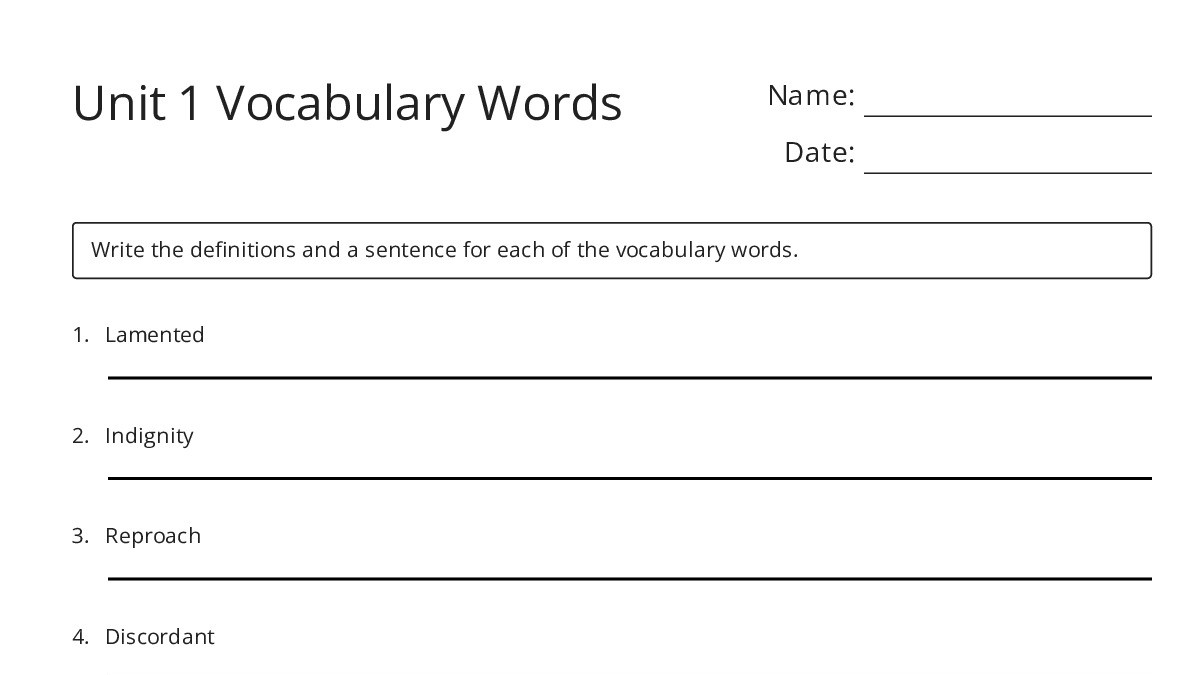 Unit 1 Vocabulary Words - My Worksheet Maker: Create Your Own Worksheets