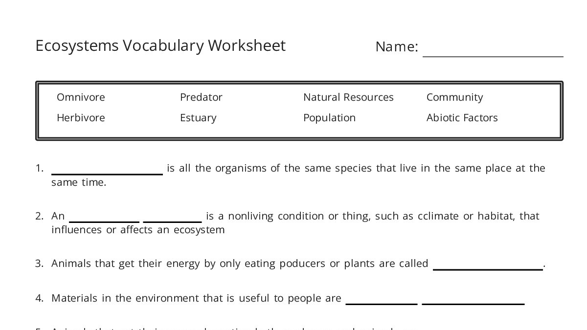 Ecosystems Vocabulary Worksheet - My Worksheet Maker: Create Your Own ...