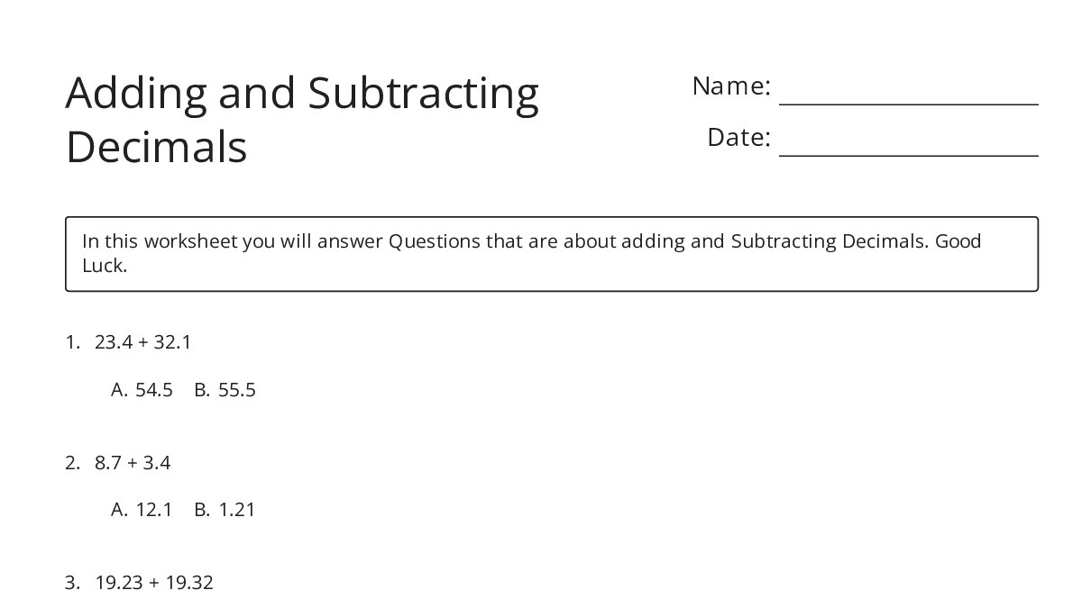 Adding and Subtracting Decimals - My Worksheet Maker: Create Your Own ...