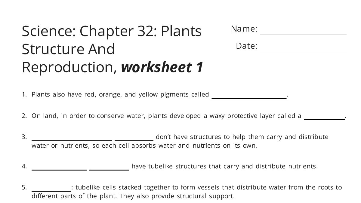 Science: Chapter 32: Plants Structure And Reproduction, worksheet 1 ...