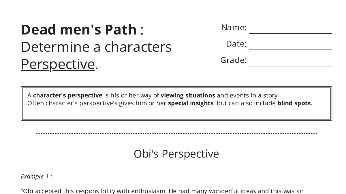 Dead men's Path : Determine a characters Perspective. - My Worksheet ...