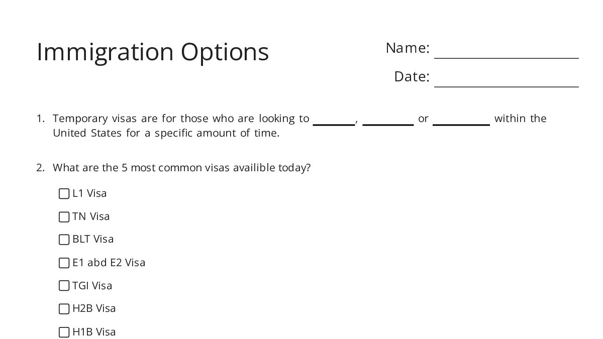Immigration Options - My Worksheet Maker: Create Your Own Worksheets