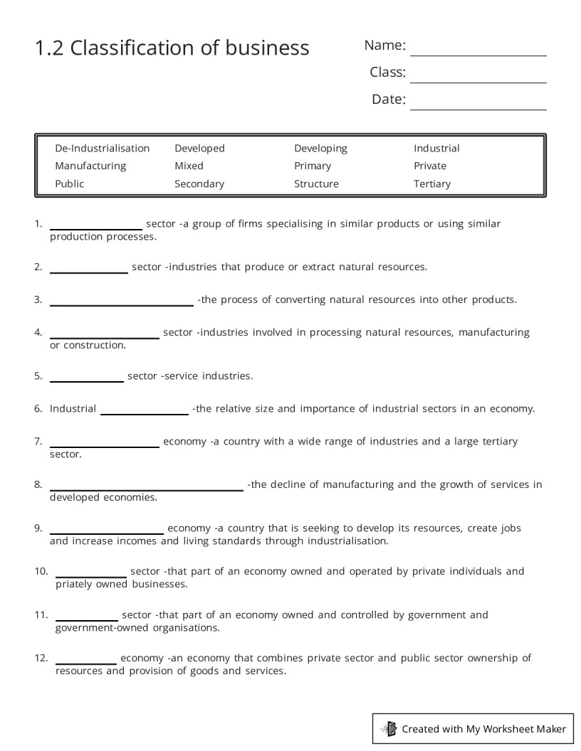 1.2 Classification of business - My Worksheet Maker: Create Your Own ...