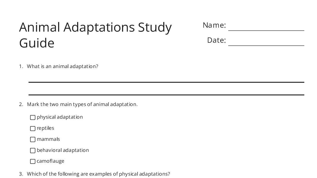 Animal Adaptations Study Guide - My Worksheet Maker: Create Your Own ...