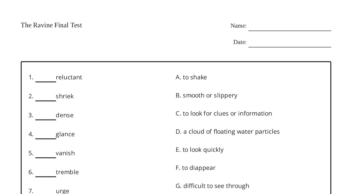 The Ravine Final Test - My Worksheet Maker: Create Your Own Worksheets