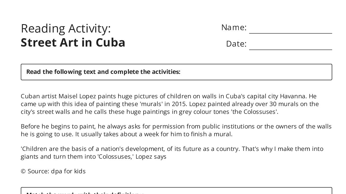 Reading Activity: Street Art in Cuba - My Worksheet Maker: Create Your ...