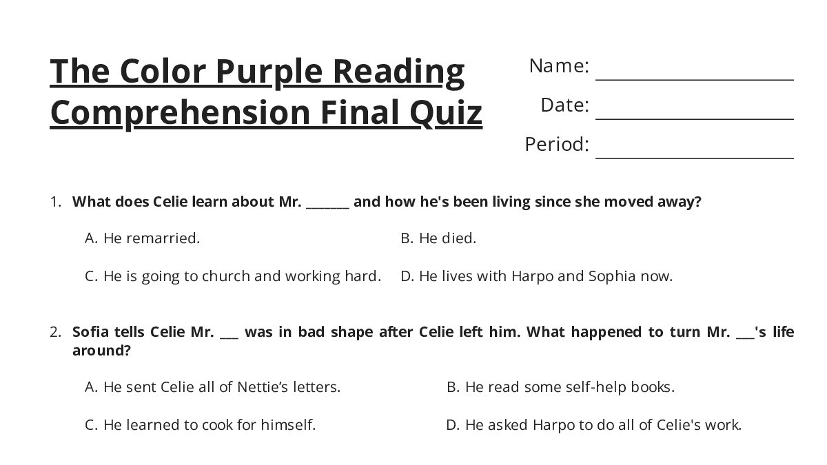The Color Purple Reading Comprehension Final Quiz﻿﻿ - My Worksheet ...