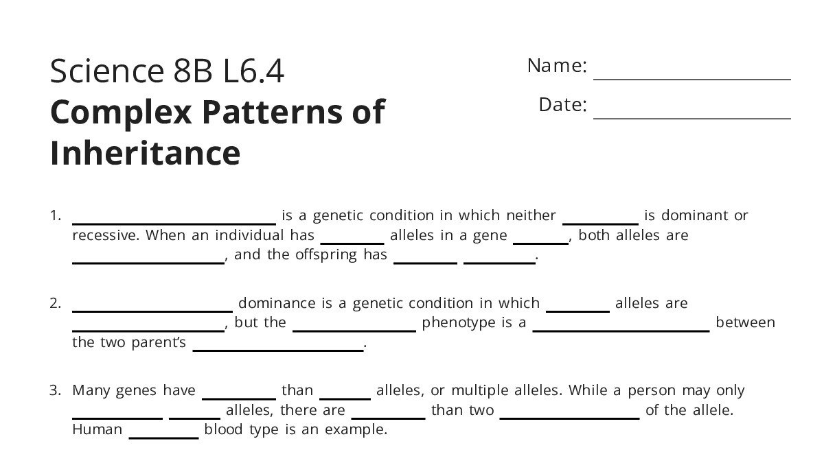 Science 8B L6.4 Complex Patterns of Inheritance - My Worksheet Maker ...