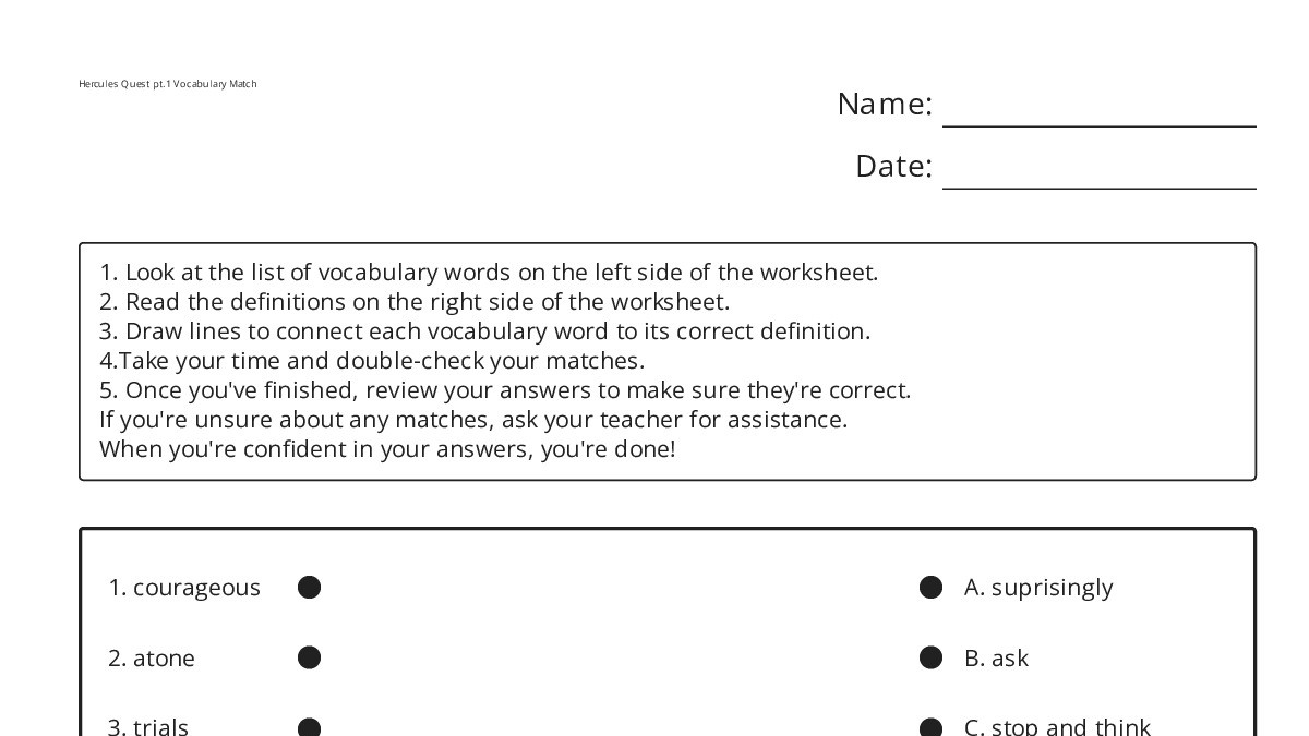 Hercules Quest pt.1 Vocabulary Match - My Worksheet Maker: Create Your ...